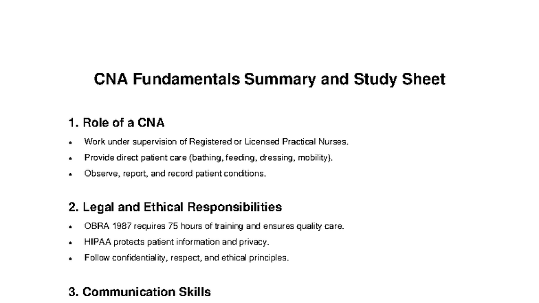 CNA 101: Fundamentals Summary & Study Sheet for Patient Care - Studocu