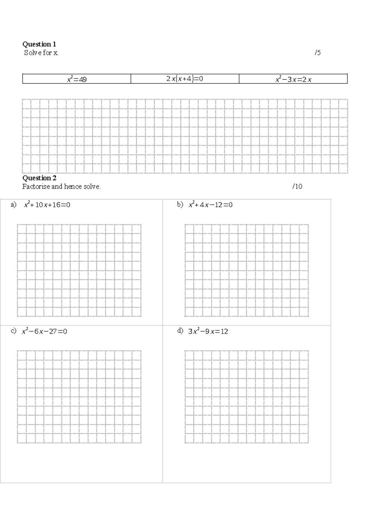 10A. Quadratic equations practice test 2024 - Question 1 Solve for x ...