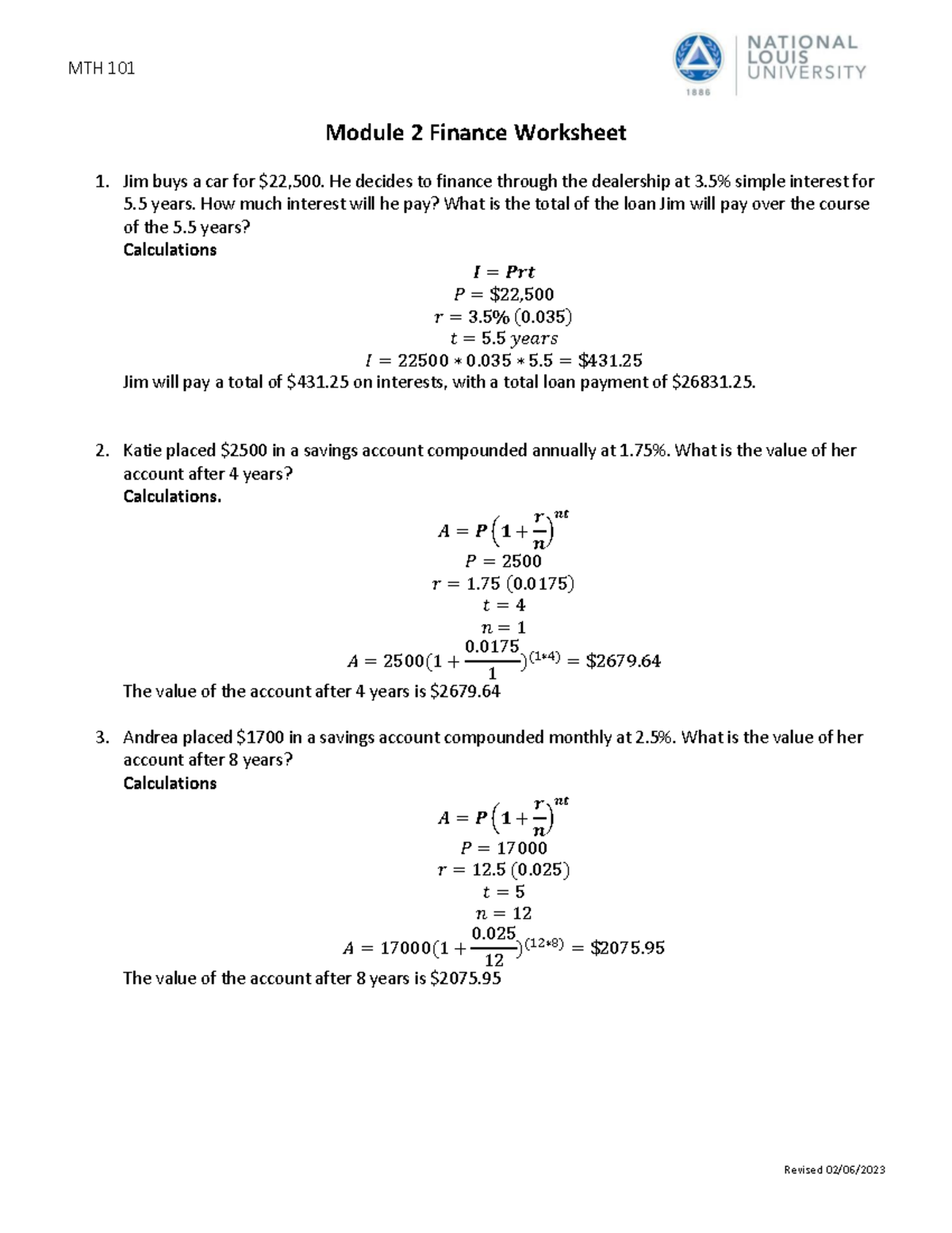 M2 Finance Worksheet - Second work of the subject of Math 101 - MTH 101 ...