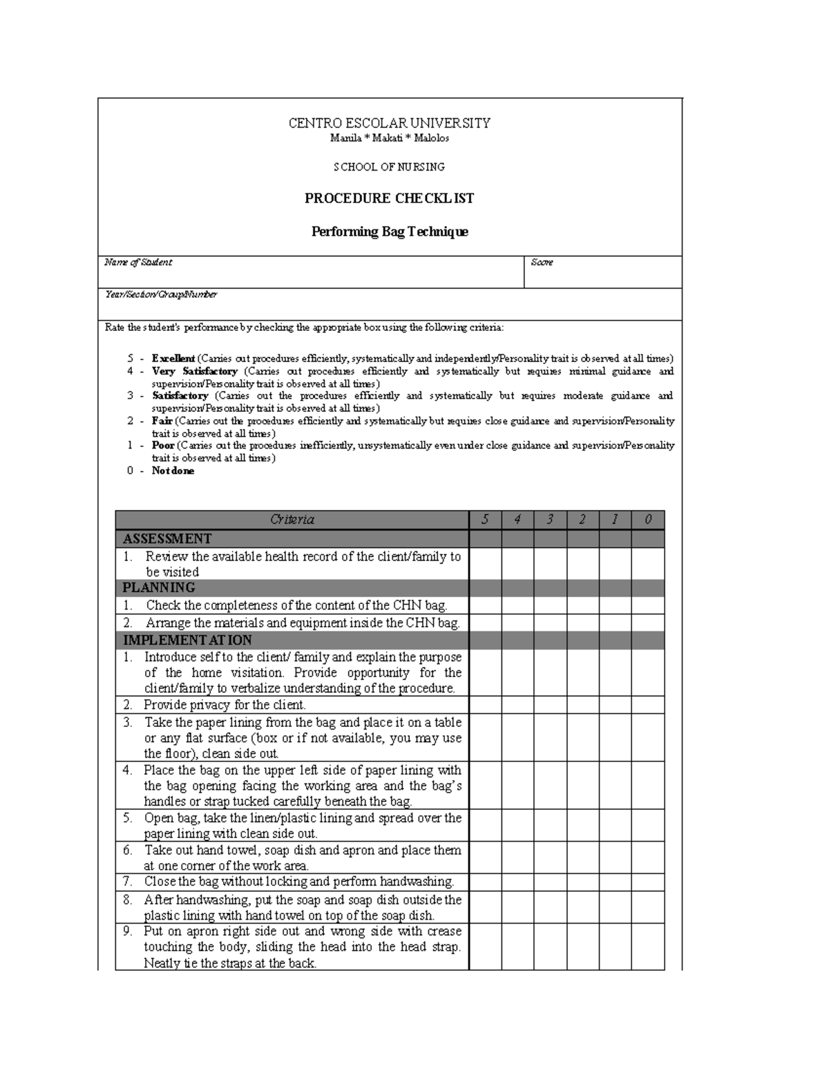 Procedure Checklist for Bag Technique - Nursing Assessment Checklist ...