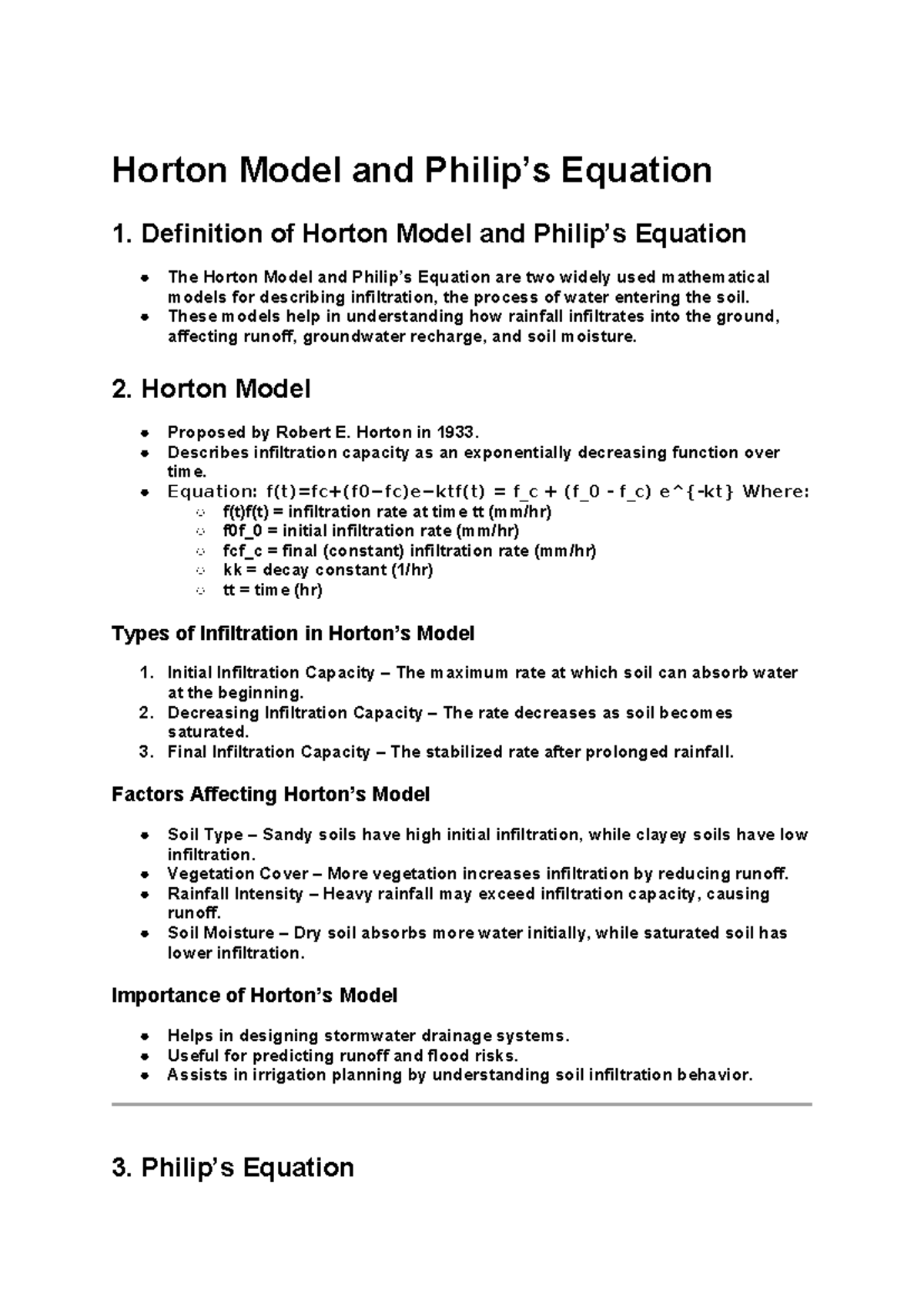 Horton Model vs. Philip's Equation: Infiltration Analysis in Hydro101 ...