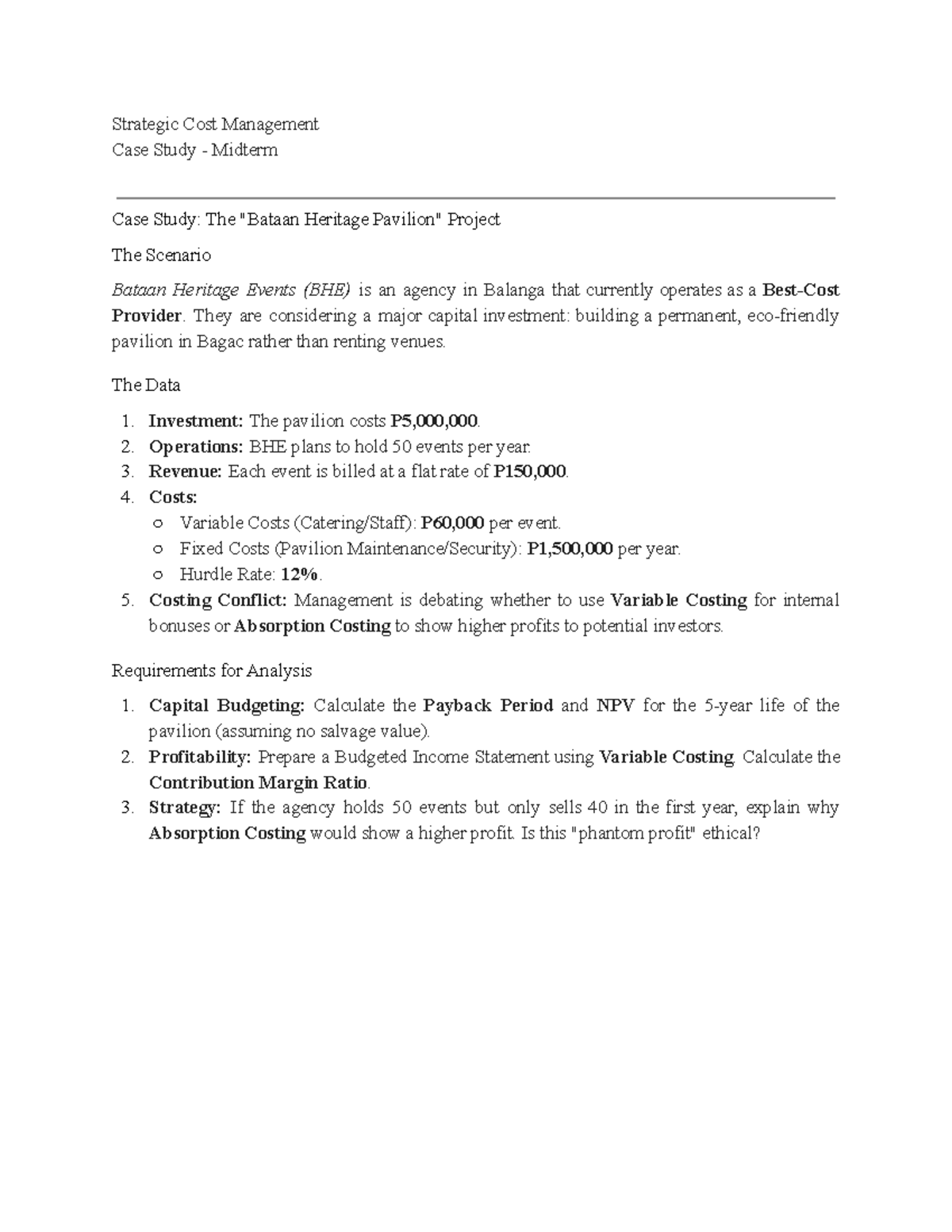 Midterm Case Study Analysis: Strategic Cost Management (SCM) - Studocu