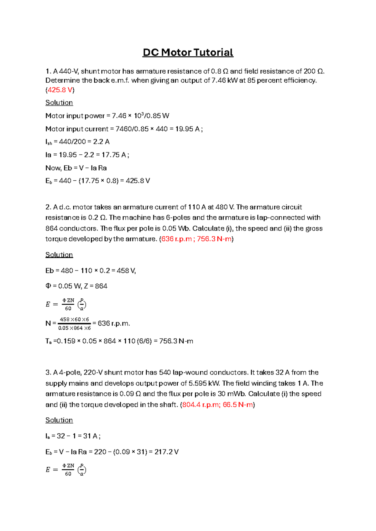 DC Motor Tutorial 1 - Memo on Back E.M.F. and Torque Calculations - Studocu