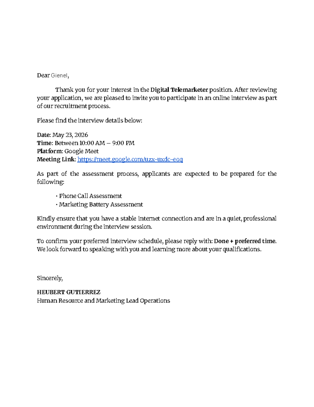Interview Invitation for Digital Telemarketer Position (13) - Studocu