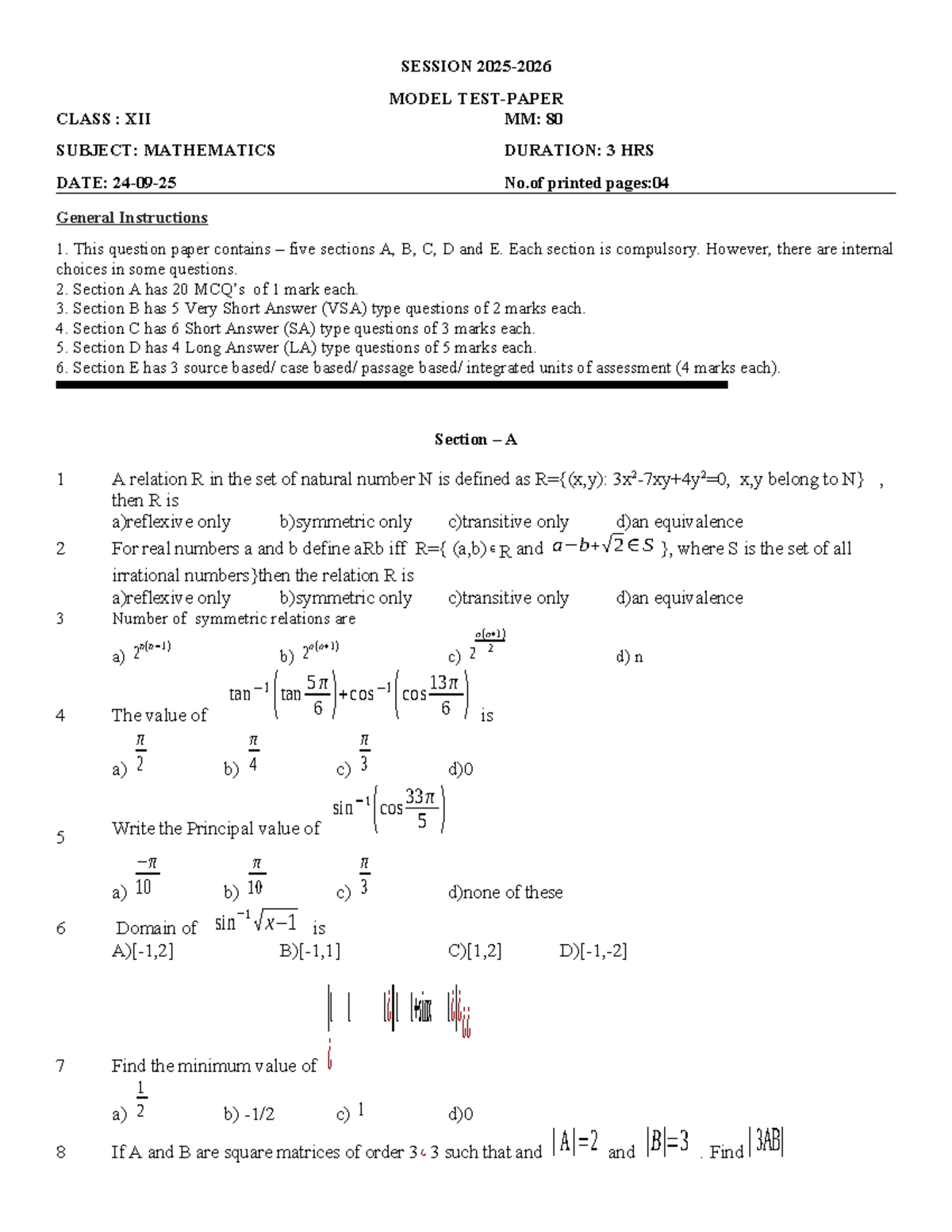 Revision Paper for Mathematics Class XII: Session Model MM: 80 - Studocu