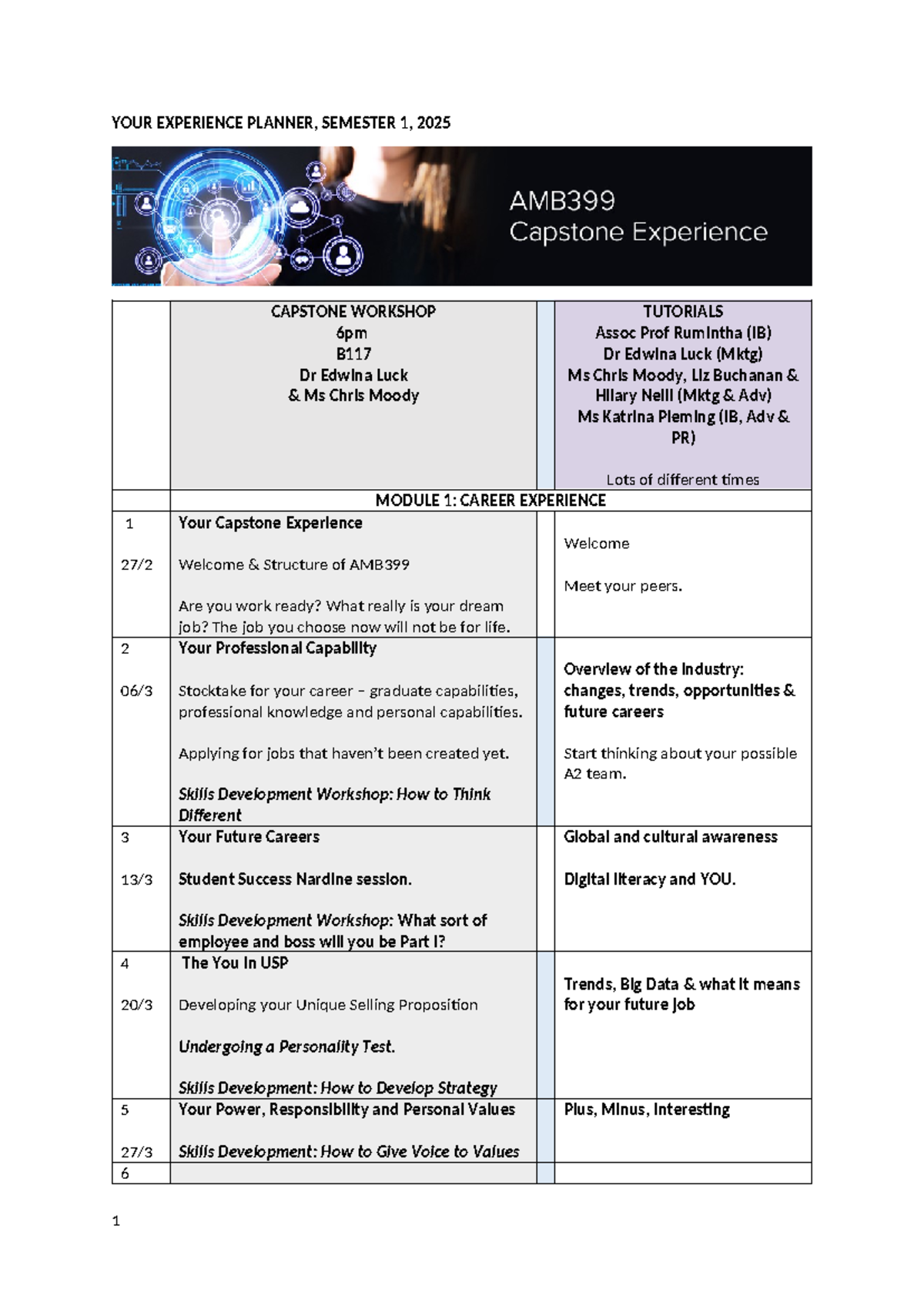 AMB399 Experience Planner: Capstone Workshop for All Majors 2025 - Studocu