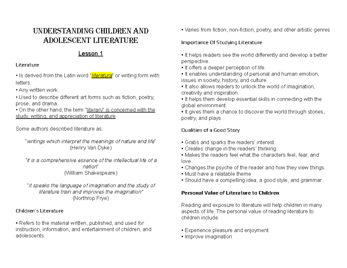 EL 12 - Understanding Children and Adolescent Literature: Key Concepts ...