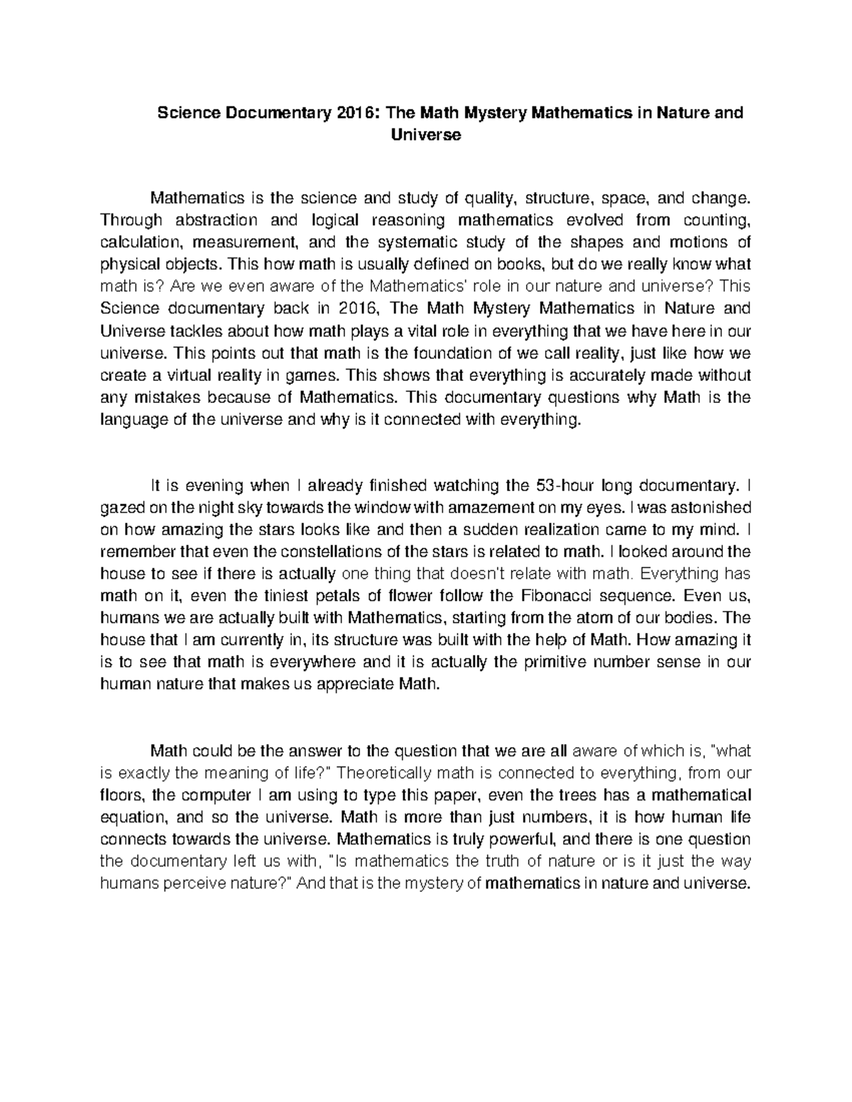 Math Mystery: The Role of Mathematics in Nature & the Universe - Studocu