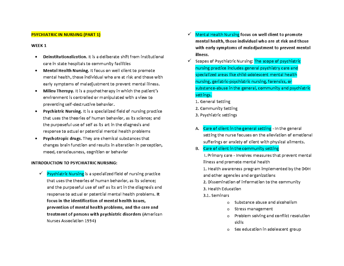 Psychiatric Nursing Nur 101 Comprehensive Study Notes Part 1