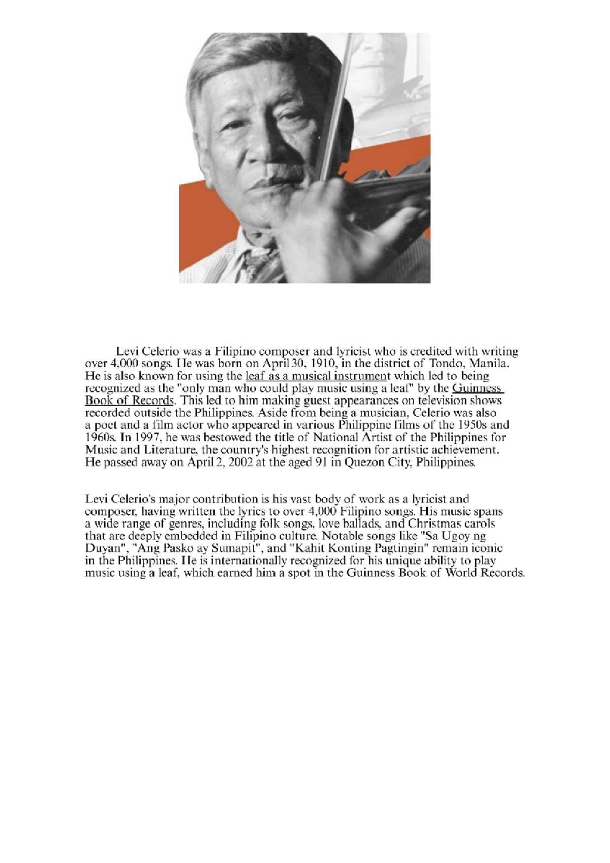 Levi Celerio: A Legacy in Filipino Music and Literature - Studocu