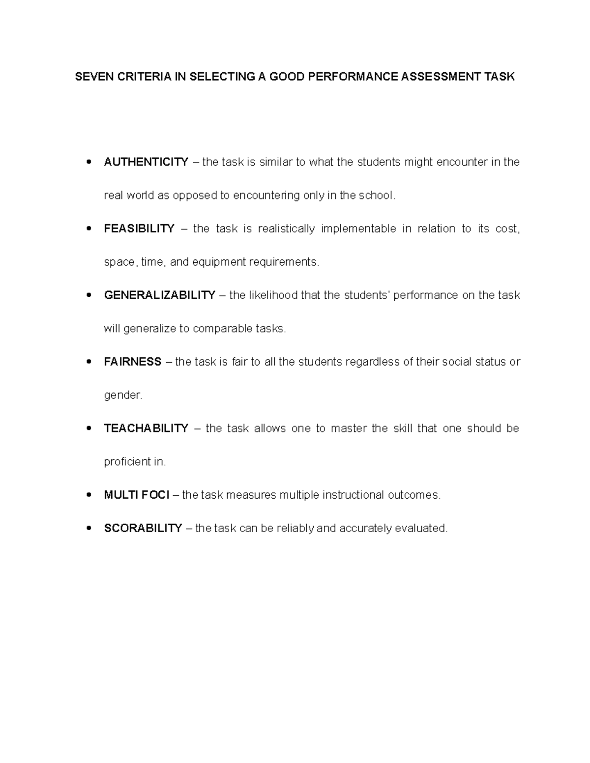 Seven Criteria In Selecting A Good Performance Assessment Task And ...