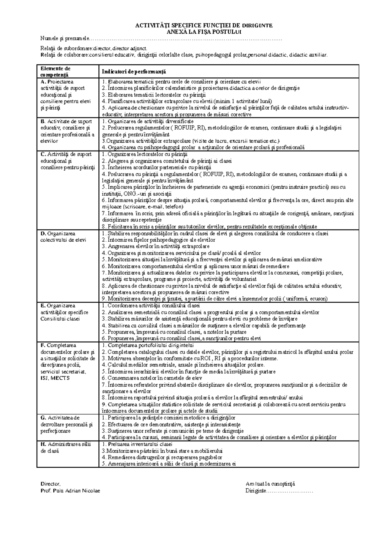 FISA POSTULUI DIRIGINTE - ACTIVITĂȚI ȘI RESPONSABILITĂȚI - Studocu