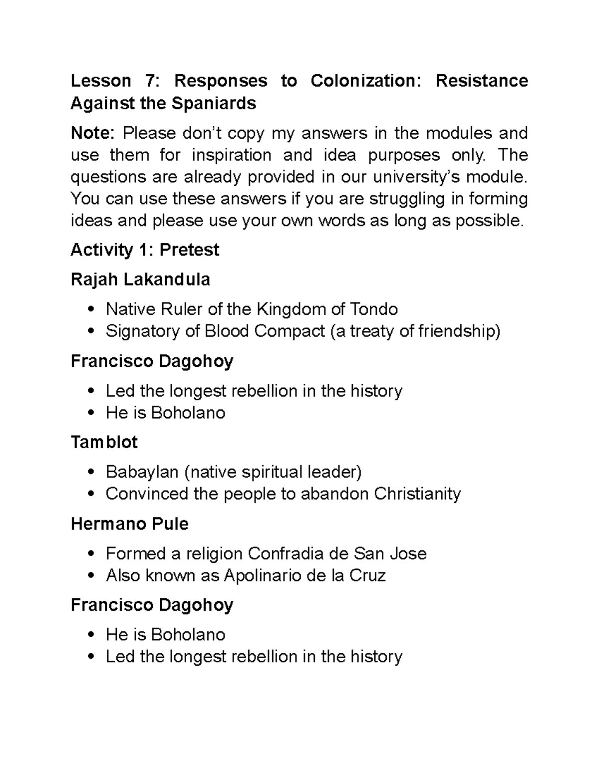 GEN 004 Lesson 7 Answers - Lesson 7: Responses to Colonization ...