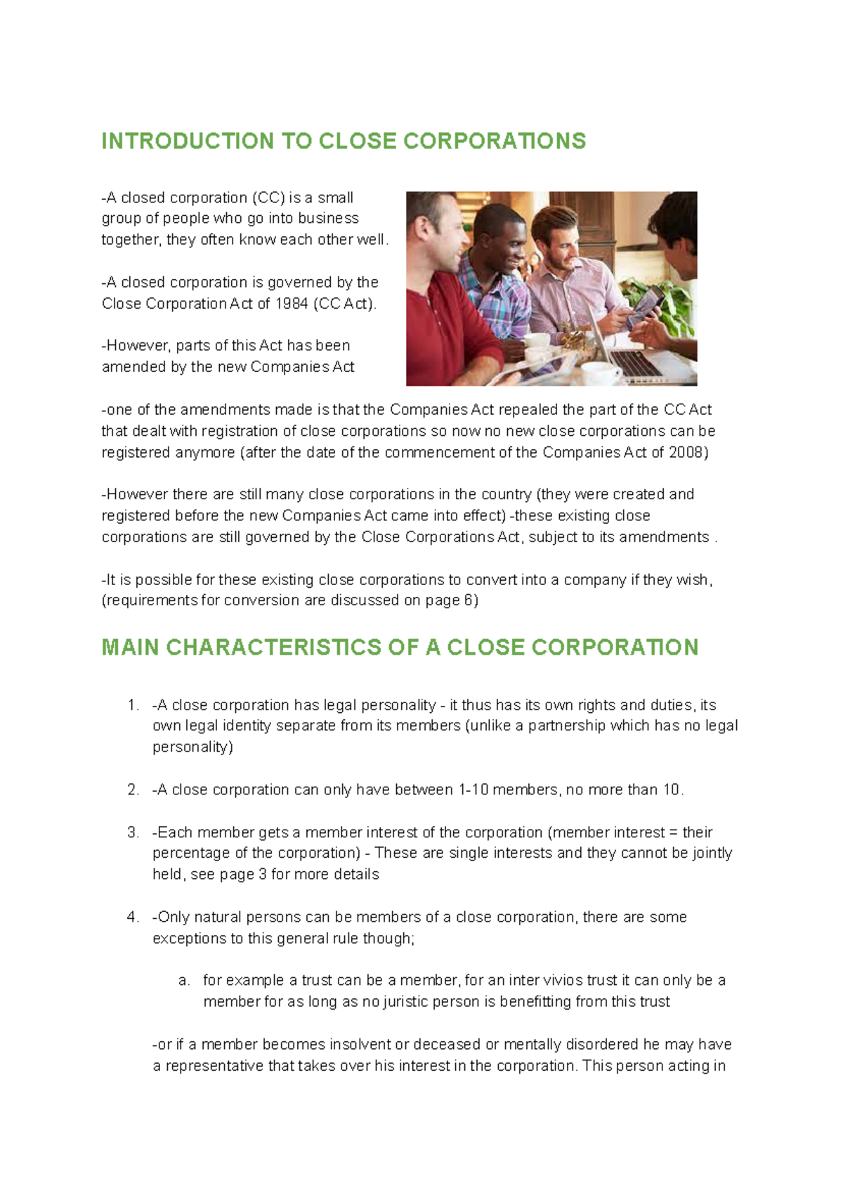 CLOSED CORPORATIONS (CC): Key Features and Membership Changes - Studocu