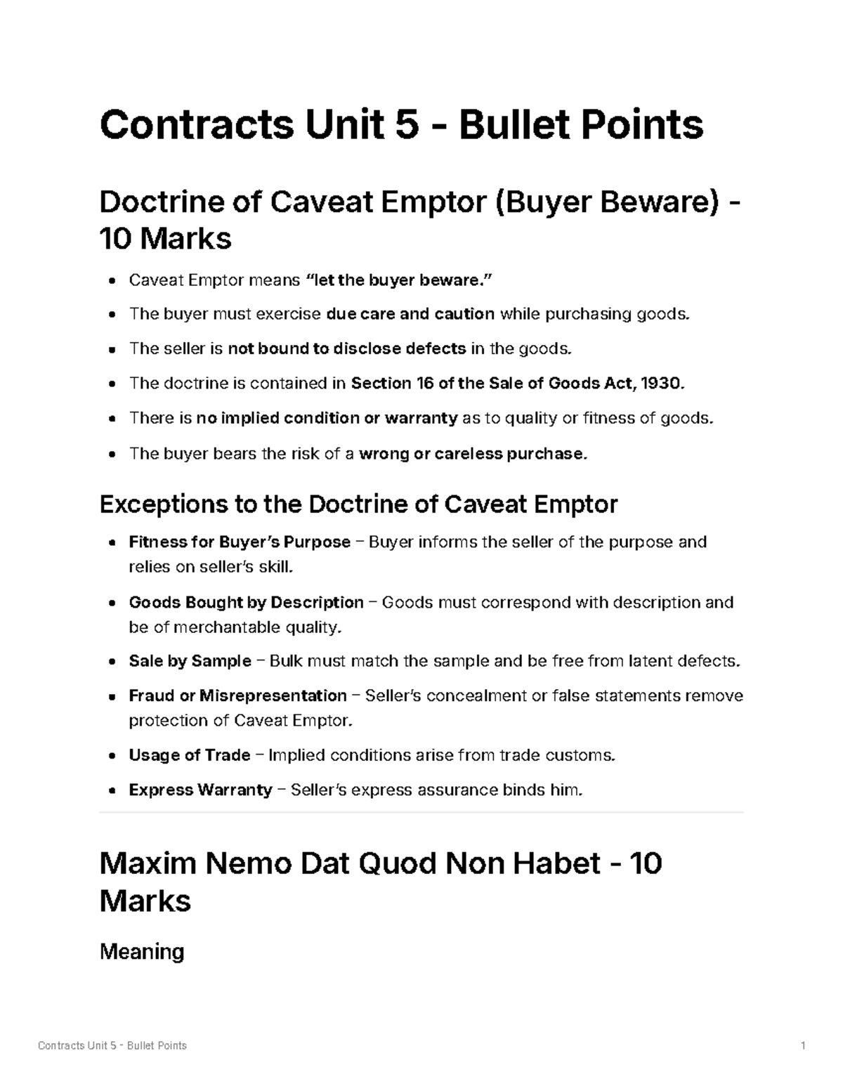 Contracts Unit 5 Bullet Points: Doctrine of Caveat Emptor & Key ...