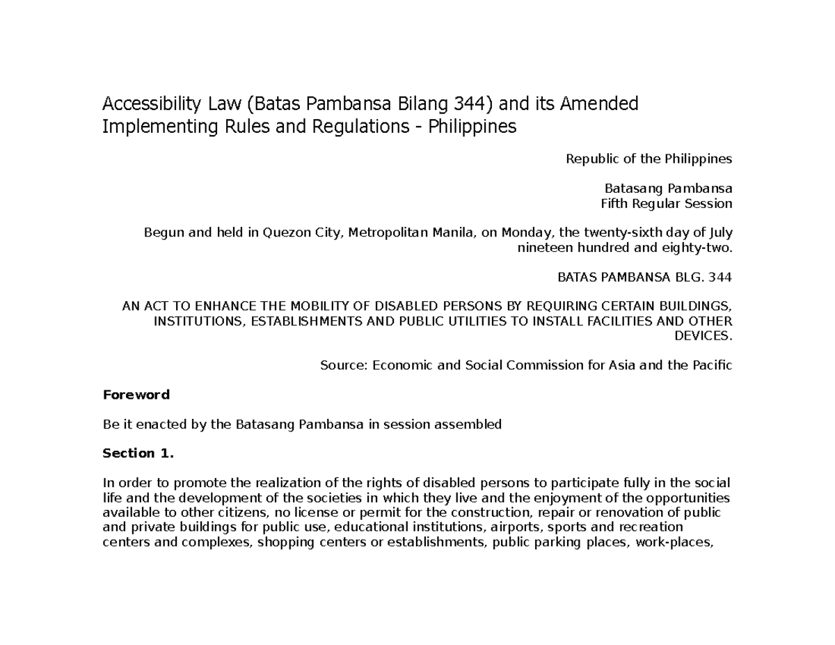 BP 344 Accessibility Law - Accessibility Law (Batas Pambansa Bilang 344 ...
