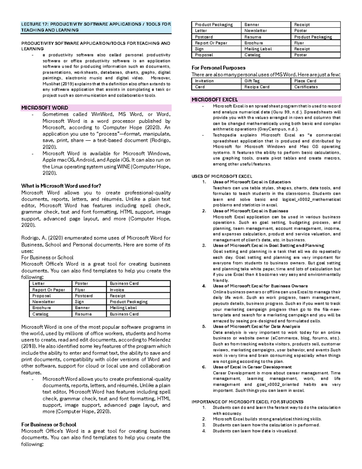 TTL 2 - Report 6 - Lecture 17 - Productivity Software Tools Overview - Studocu