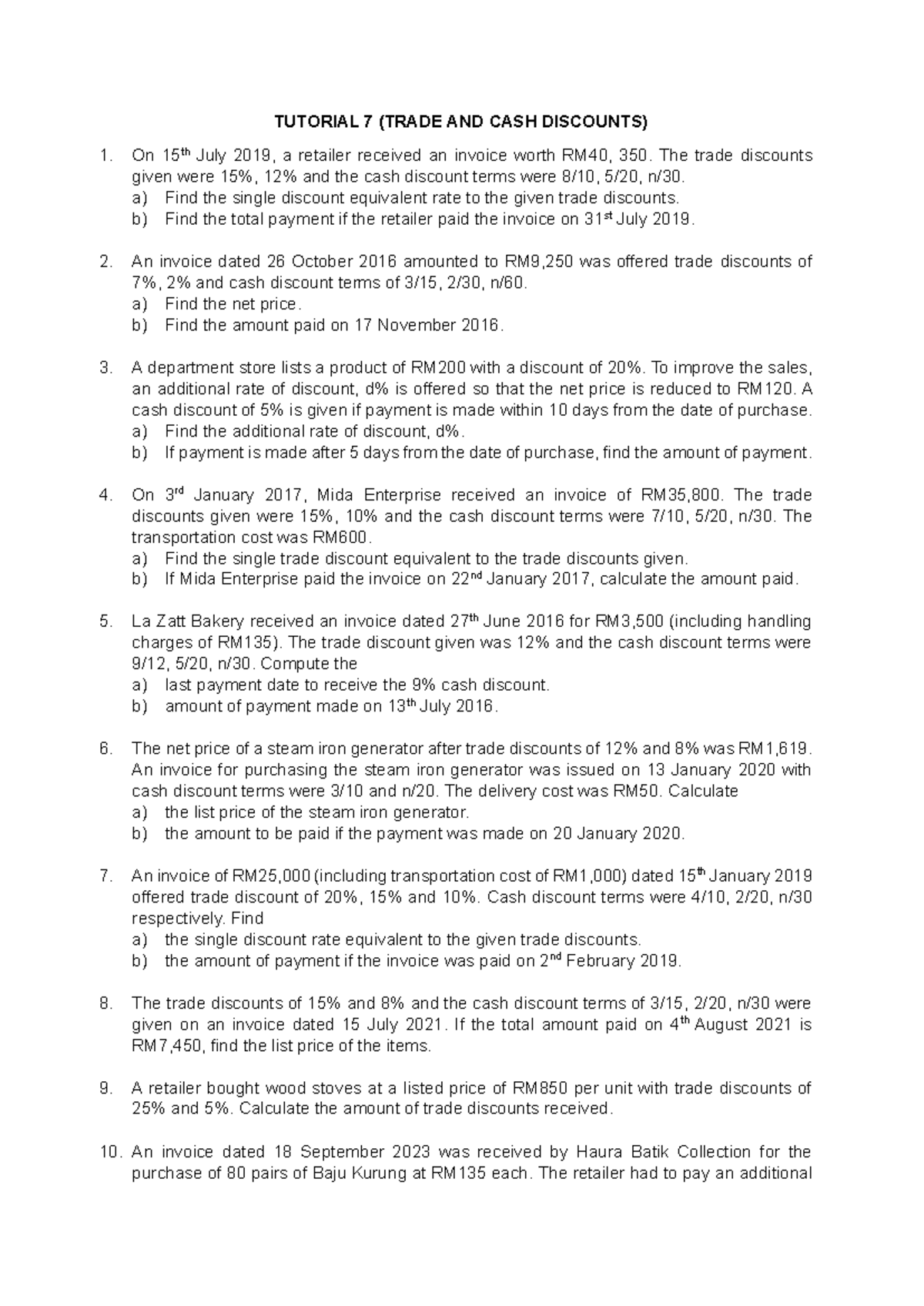 Tutorial Chapter 7: Trade & Cash Discounts Analysis and Calculations ...
