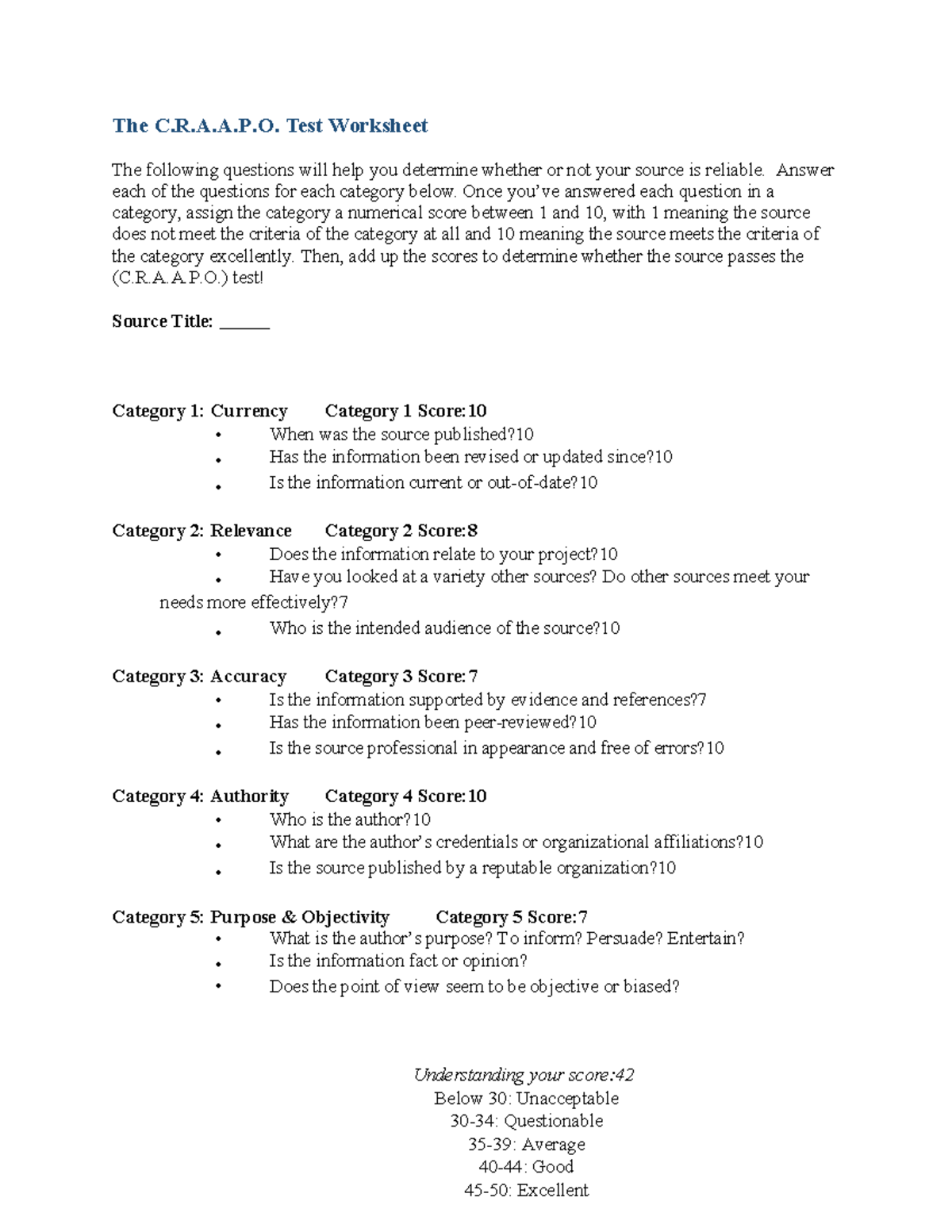 Craapotest - practice - The C.R.A.A.P. Test Worksheet The following ...