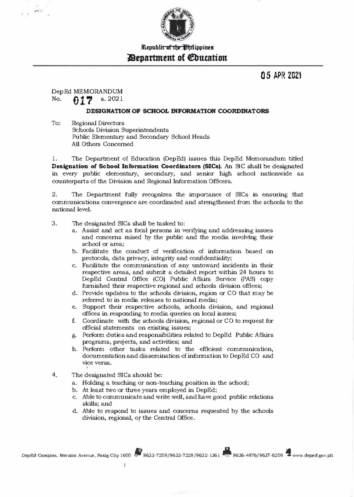 DepEd Memorandum No. s. 2021 - Designation of School Information ...