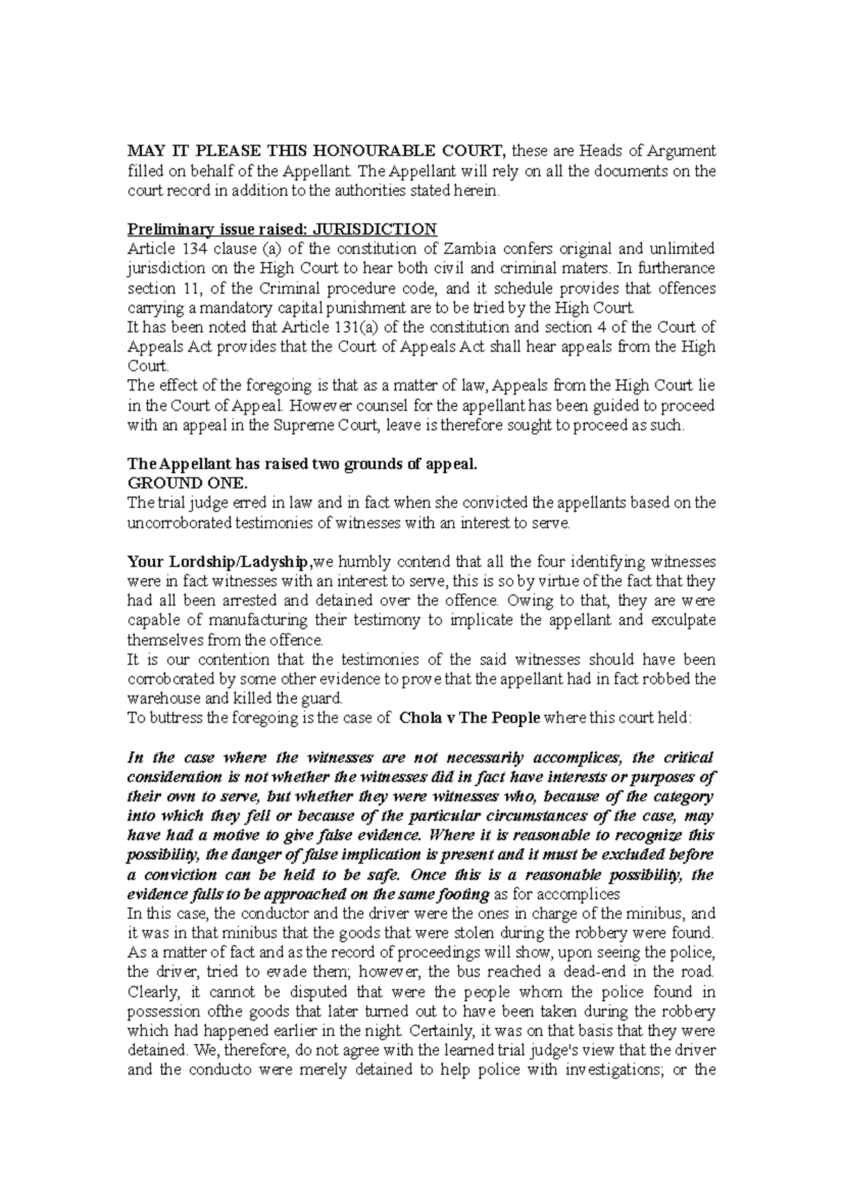 Appellant's Ground 1: Jurisdiction and Testimony Issues in Appeal - Studocu