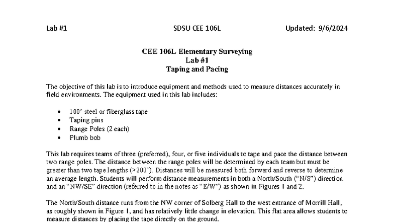 Lab SDSU CEE 106L: Taping and Pacing Techniques for Fall 2024 - Studocu