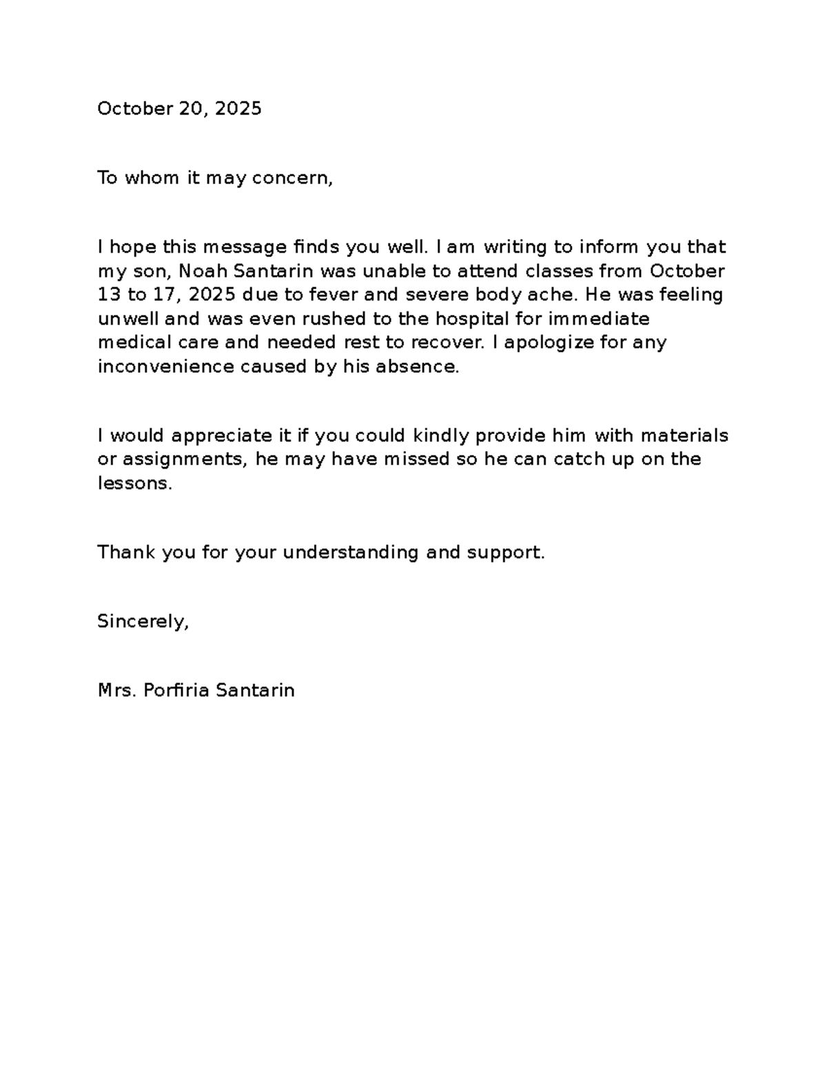 Excuse Letter for Noah Santarin - Absence from Classes - Studocu