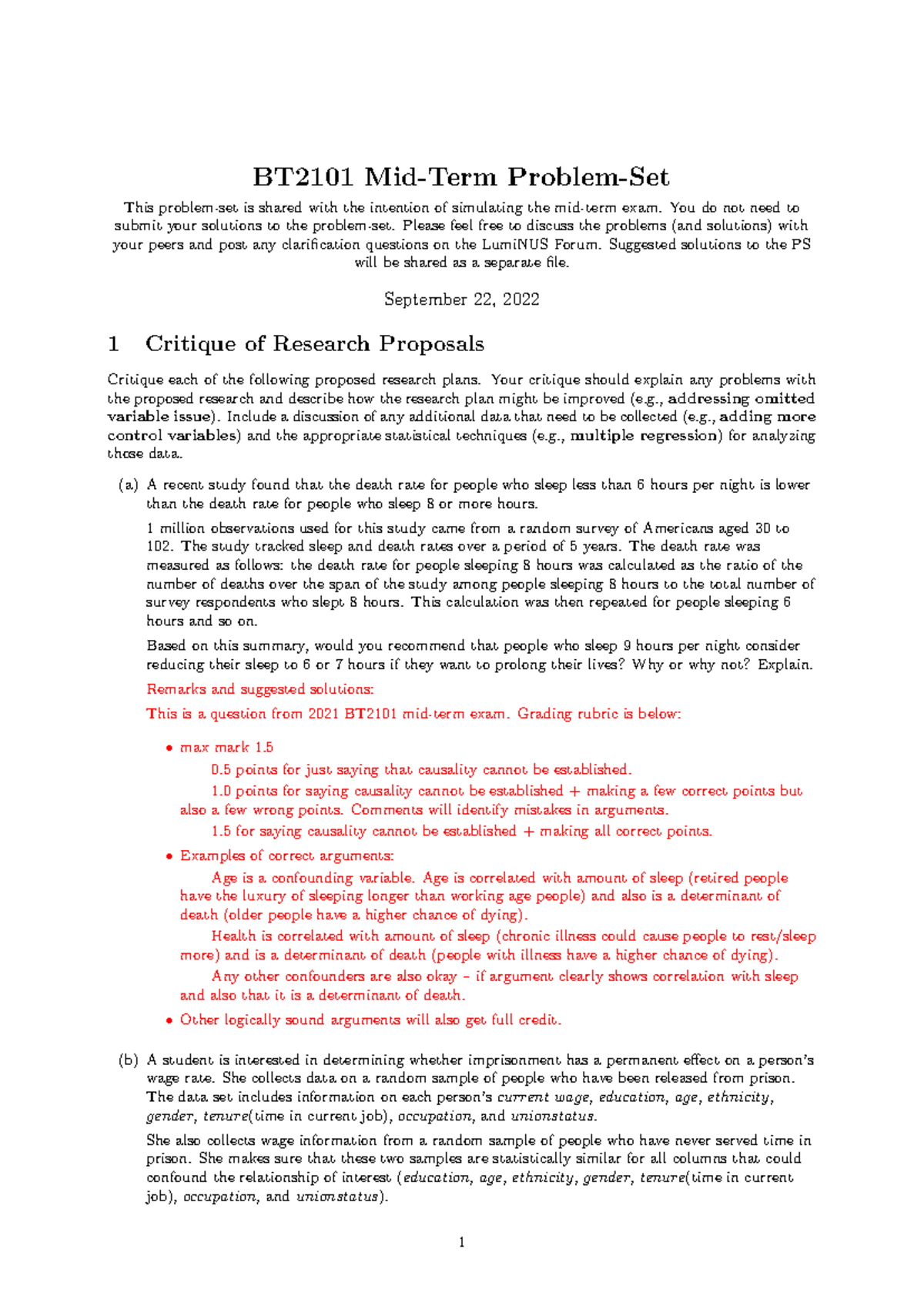 2022 BT2101 Midterm Exam Practice Solutions and Critiques - Studocu