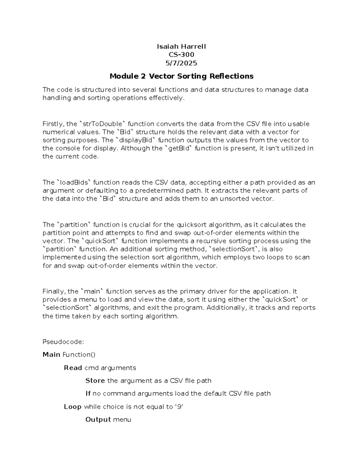 CS 300 Module 2-3 Code Reflection on Vector Sorting Techniques - Studocu