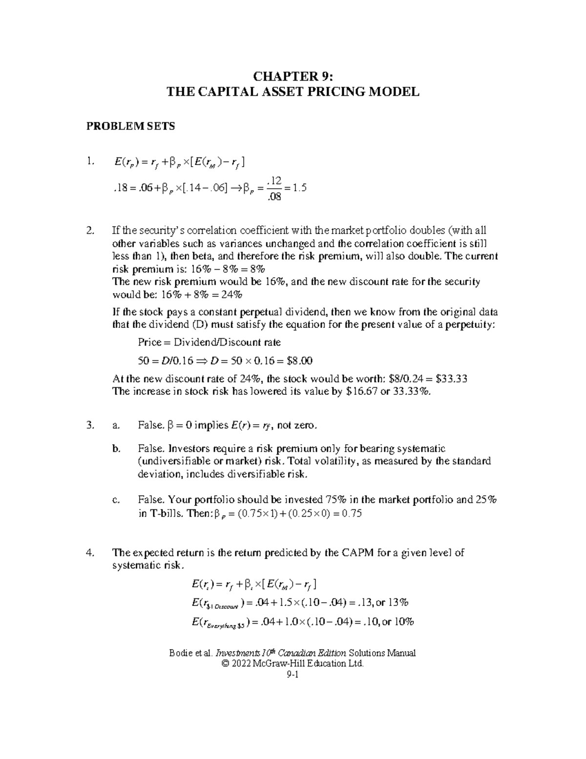 Bodie et al. Investments 10th Ed. Ch 9: CAPM Problem Set Solutions - Studocu