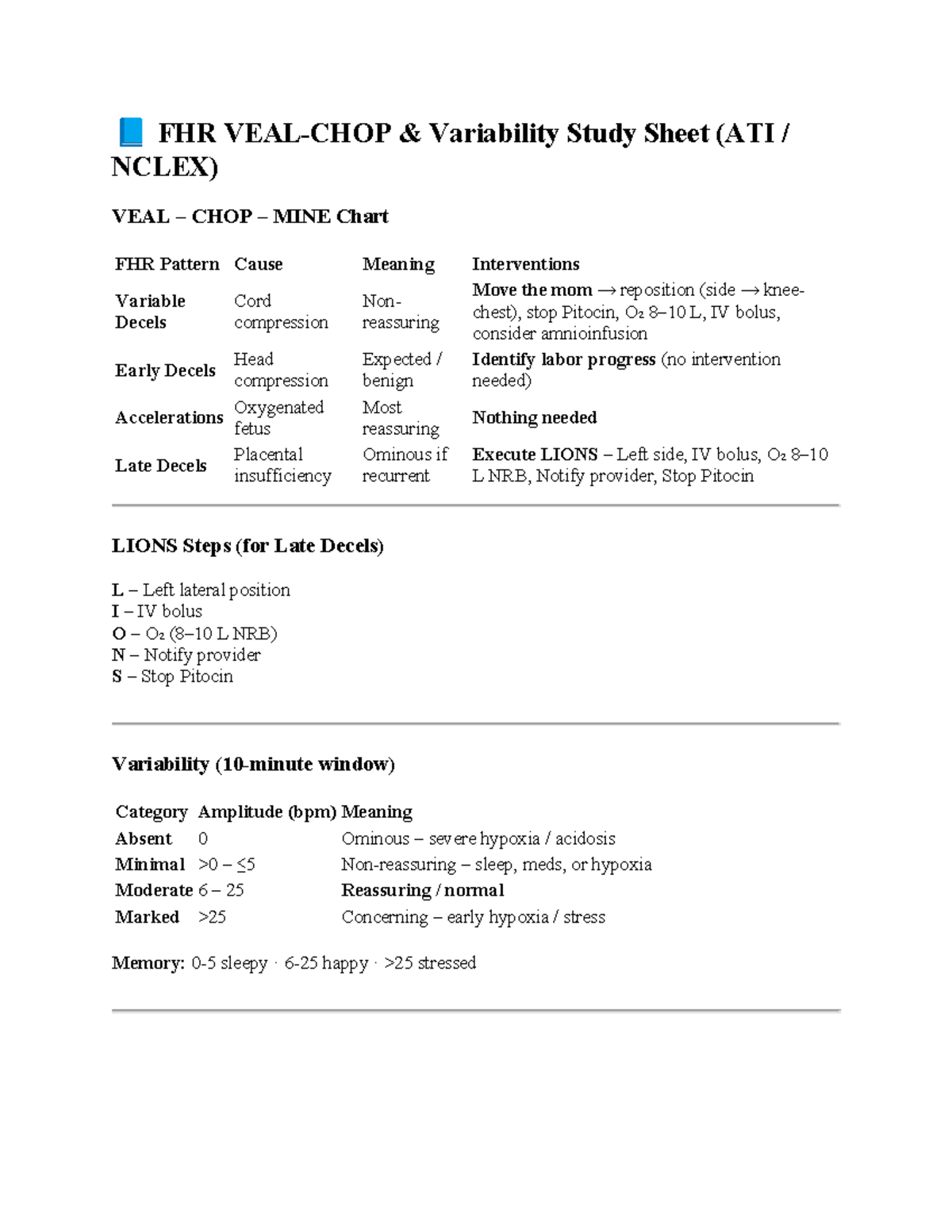 FHR Variability Study Guide (ATI NCLEX) - VEAL CHOP Patterns - Studocu
