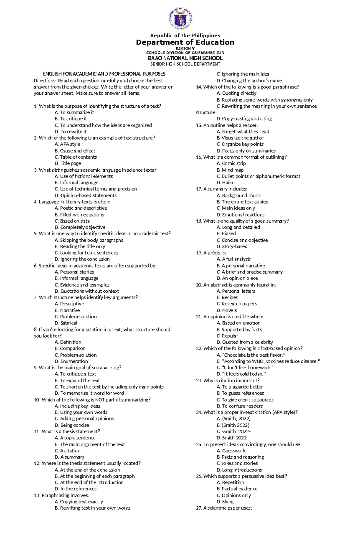 Efapp Pretest: Understanding Text Structures and Academic Language ...