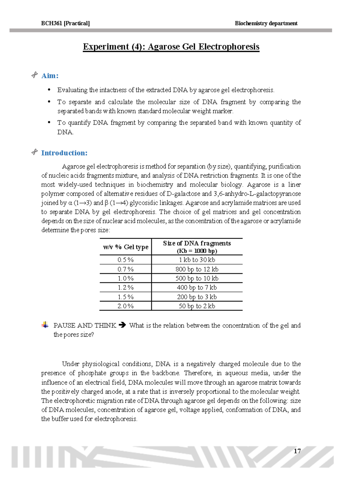 BCH361 Practical: Agarose Gel Electrophoresis Experiment Notes - Studocu