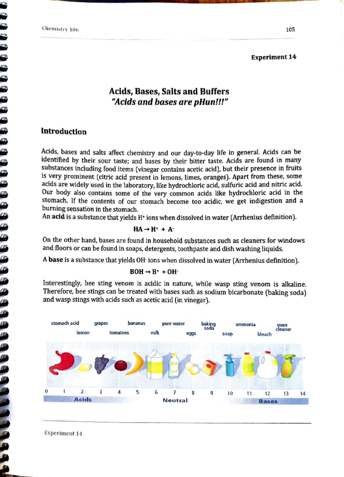 Lab 14: Acids, Bases, Salts, and Buffers in CHEM 106 Experiment - Studocu