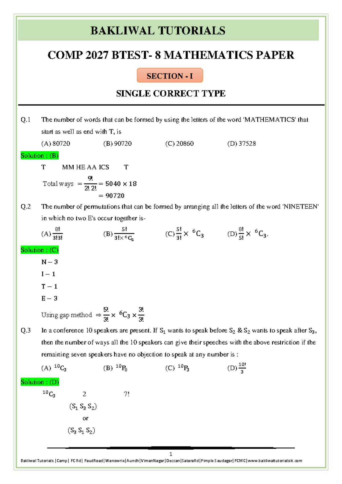 C27 BTEST-8 Mathematics Paper: Single Correct Type Questions - Studocu