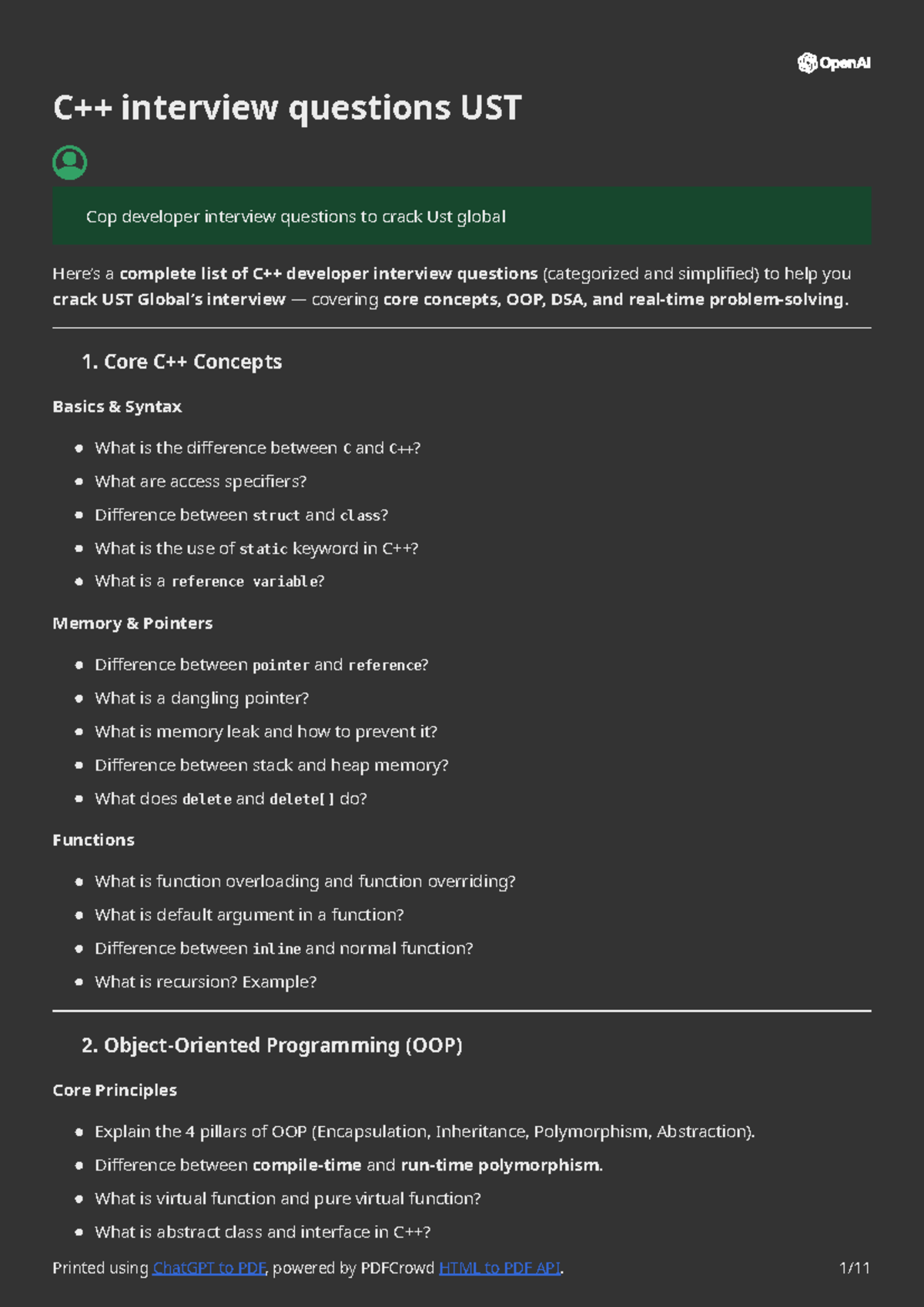 C++ Developer Interview Questions for UST Global: Complete Guide - Studocu