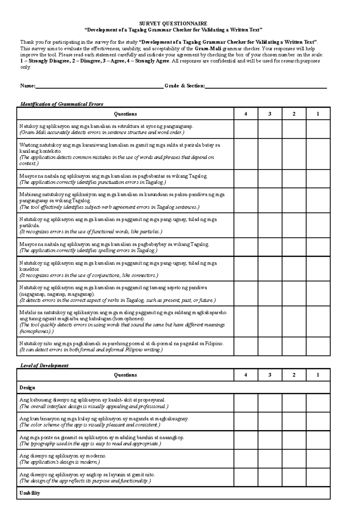Survey Questionnaire for GRAM MALI: Evaluating a Tagalog Grammar ...