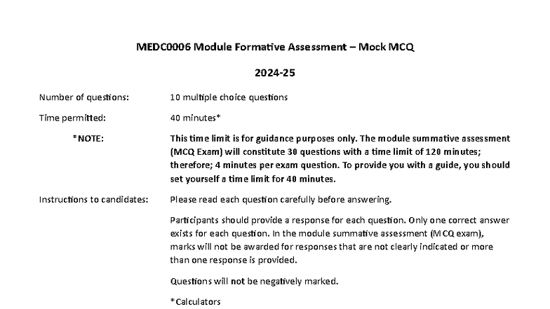 Mock Exam Paper - Formative Assessment MCQ (10 Questions) - Studocu