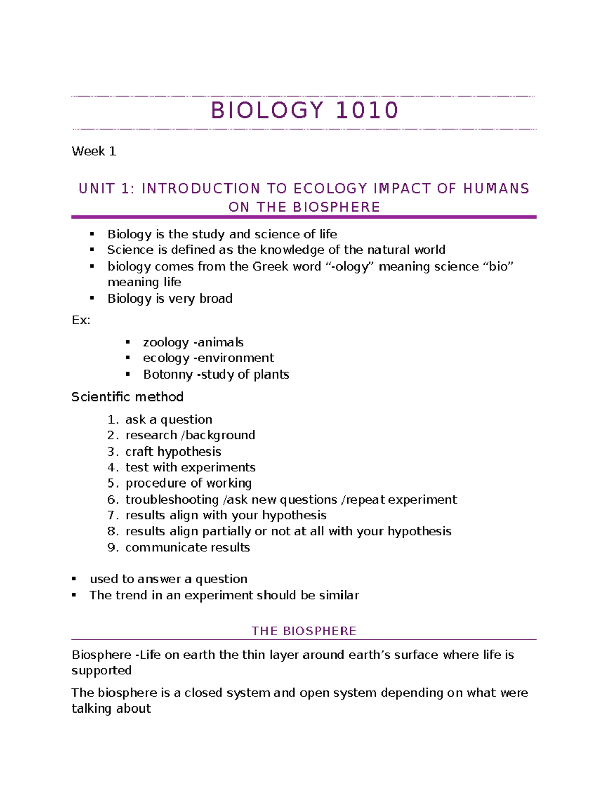 Biology 1010: Weeks 1-3 Overview of Ecology & Biogeochemical Cycles ...