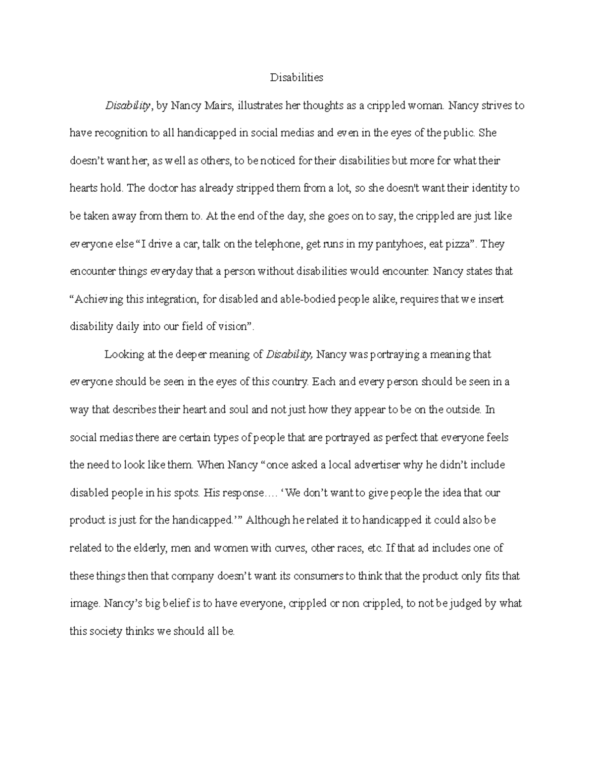 Disabilities - Summary & Analysis of Nancy Mairs' Short Story - Studocu