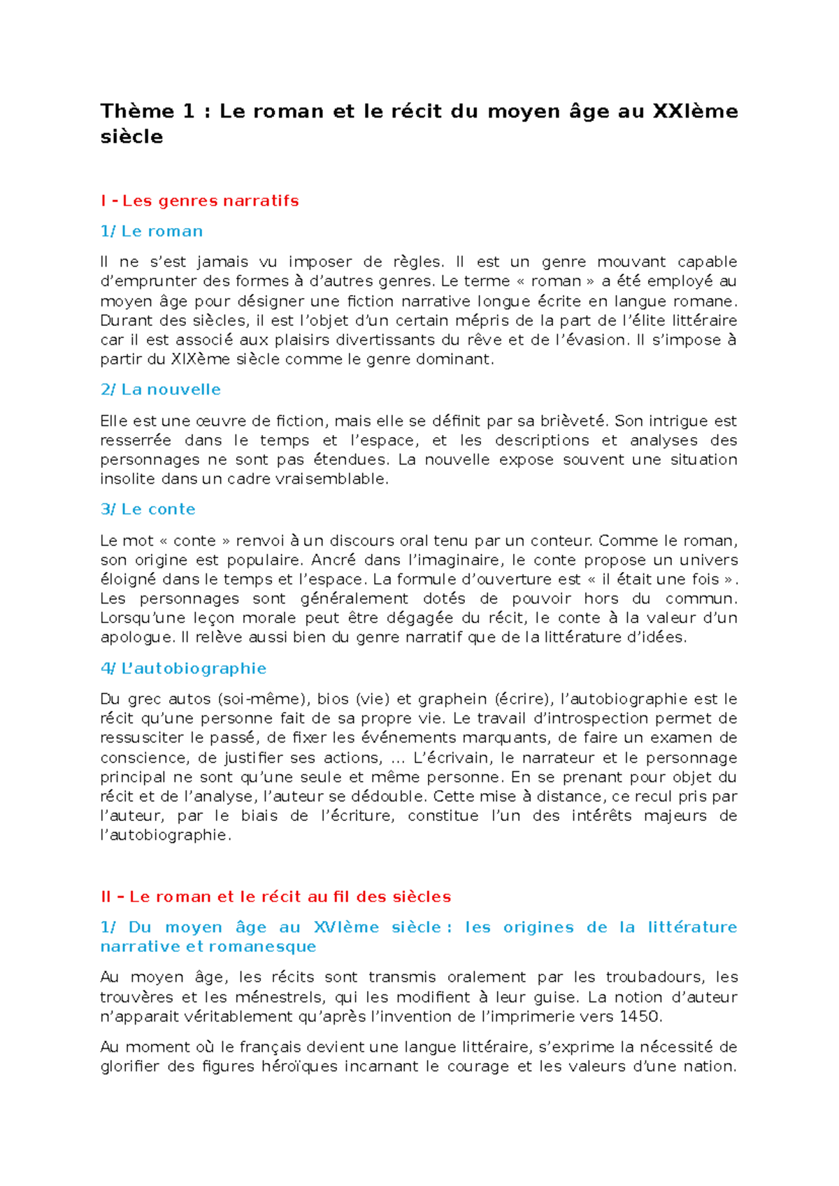 Français - Thème 1 - Le Roman et le Récit du Moyen Âge à nos Jours ...