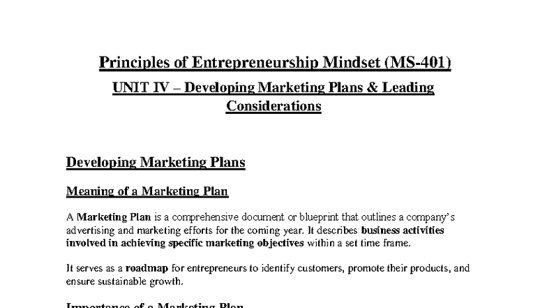 Unit IV Principles of Entrepreneurship: Developing Marketing Plans ...