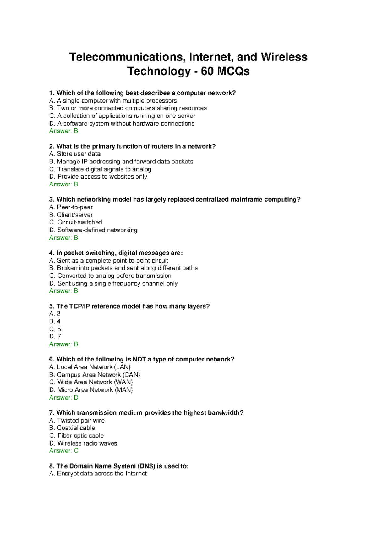 Telecommunications (Course Code) MCQs: 60 Questions & Answers - Studocu