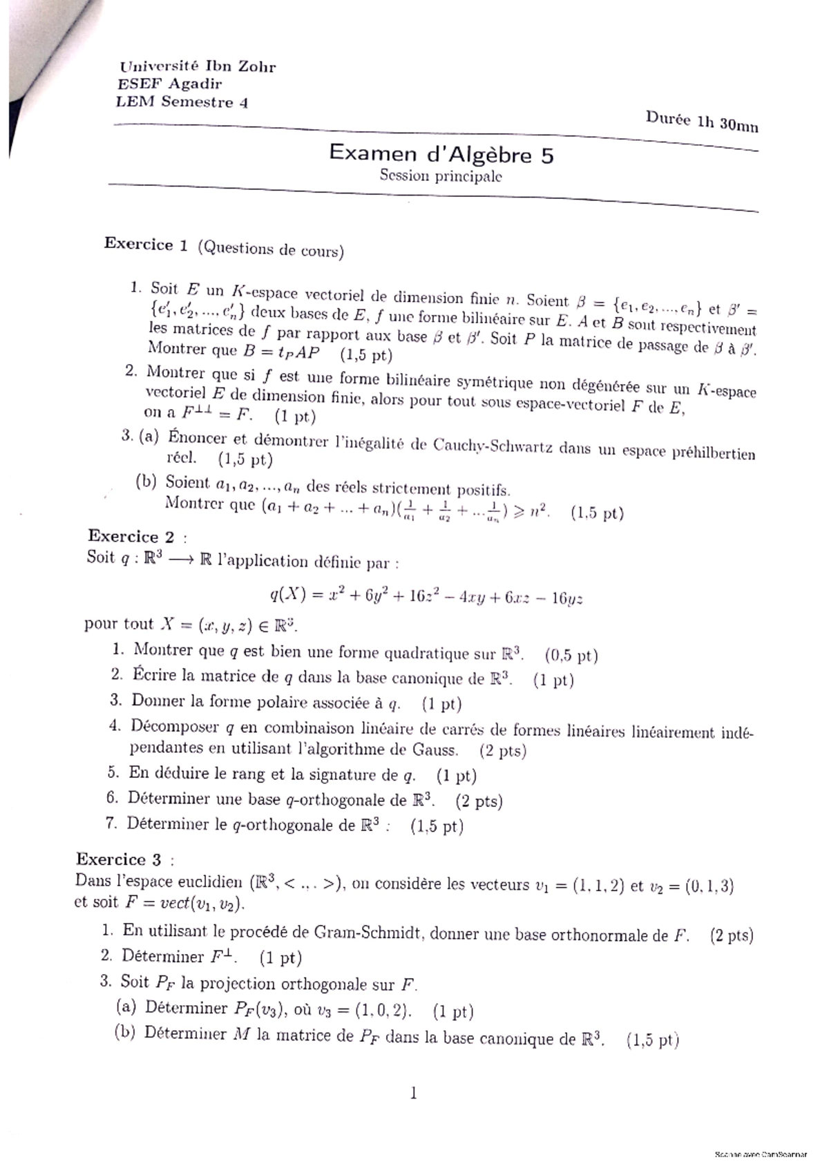 Examen S4 de Mathématiques : Formes quadratiques et proyección orthogonale - Studocu