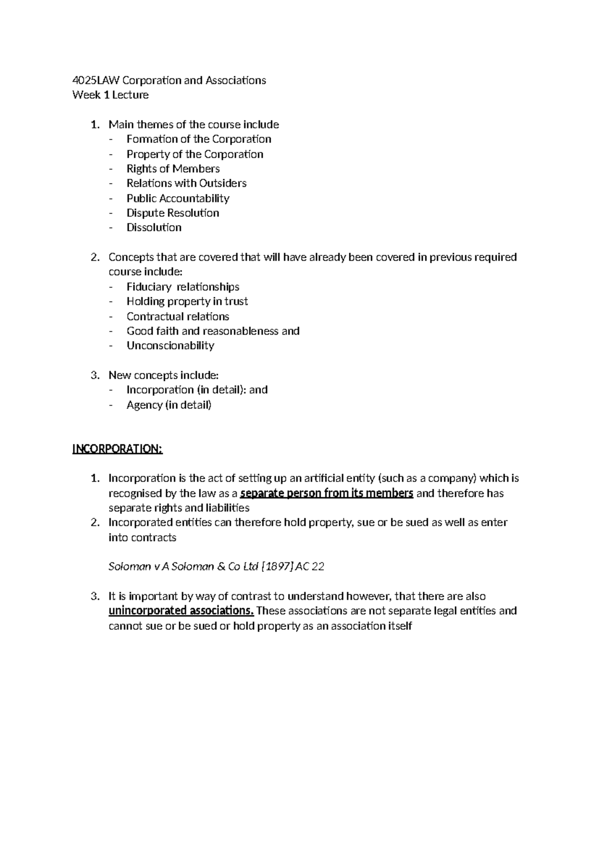4025LAW C+A Week 1 Lecture Notes on Corporations & Agency - Studocu