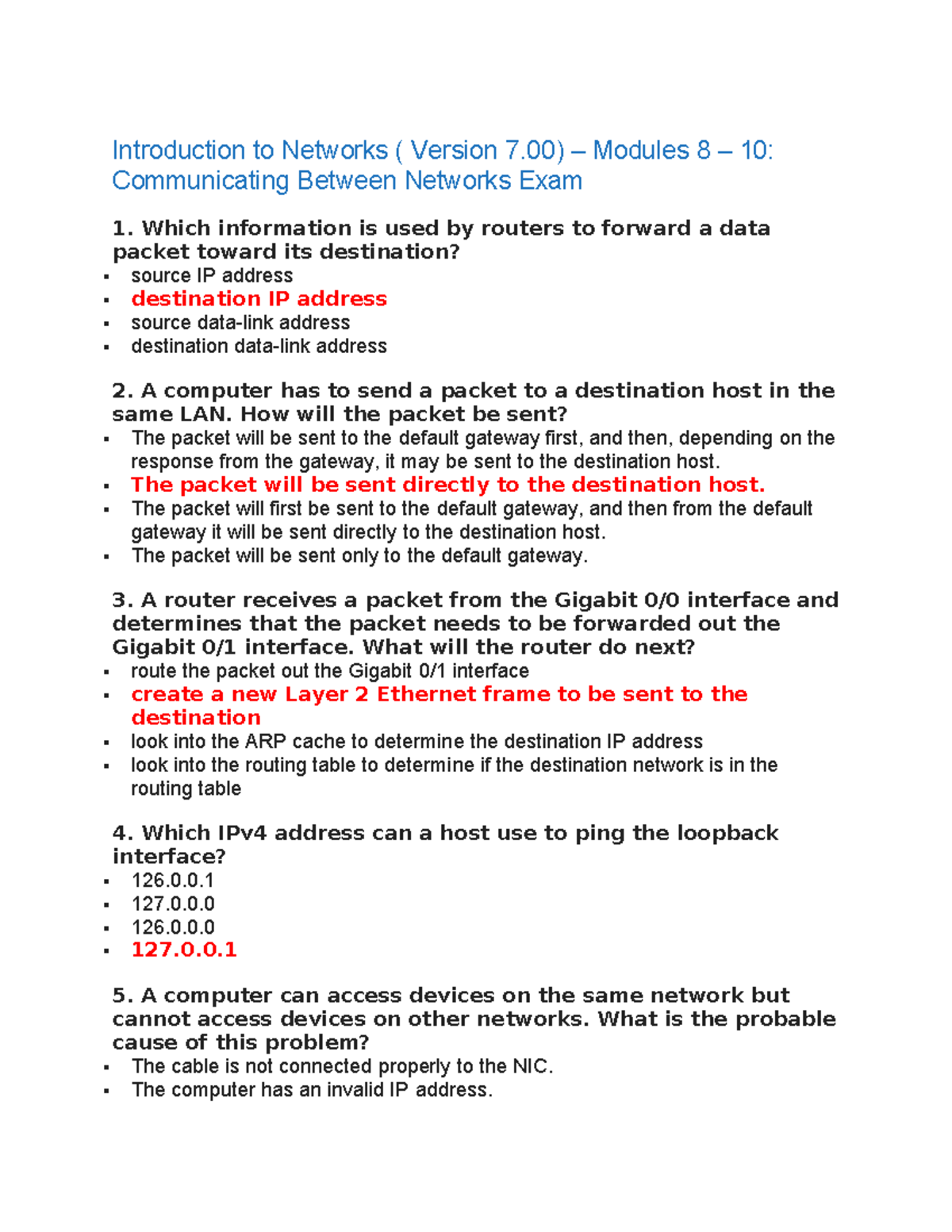 Introduction to Networks Version 700 Modules 8 10 Communicating Between ...