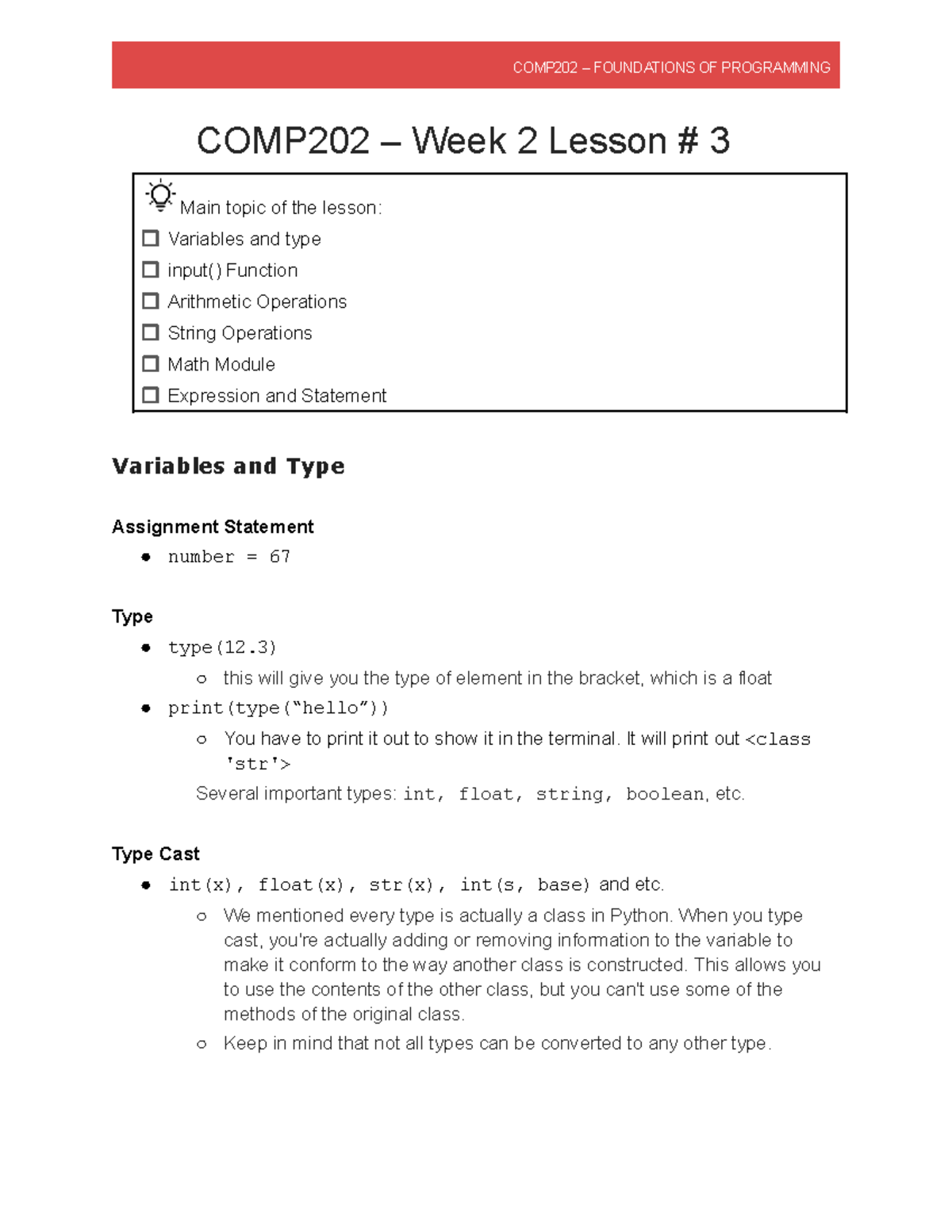 COMP202 Week 2 Lesson 3: Variables, Types, and Arithmetic Operations - Studocu