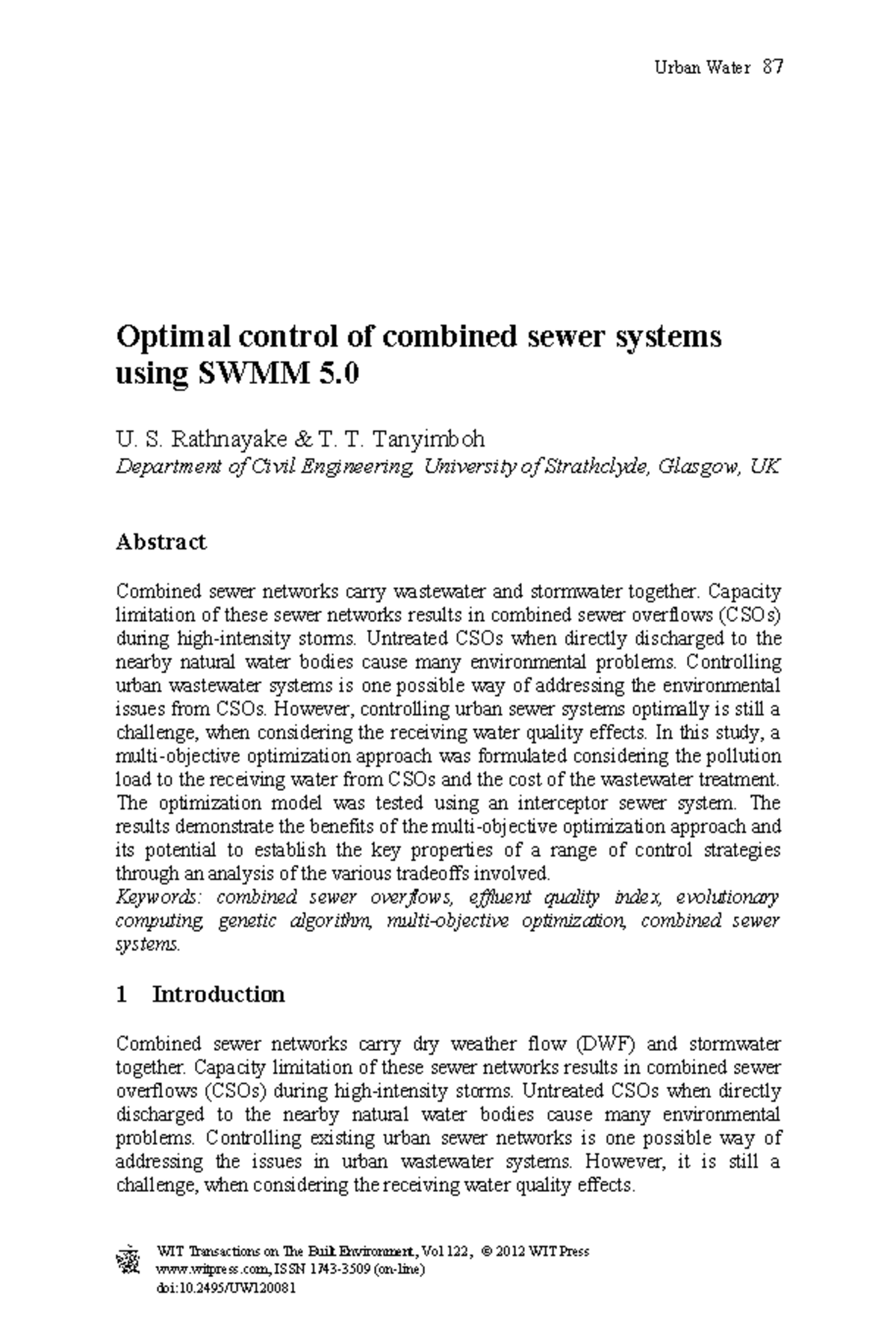 Optimal Control of Combined Sewer Systems Using SWMM 5.0 - UW12008 FU1 ...