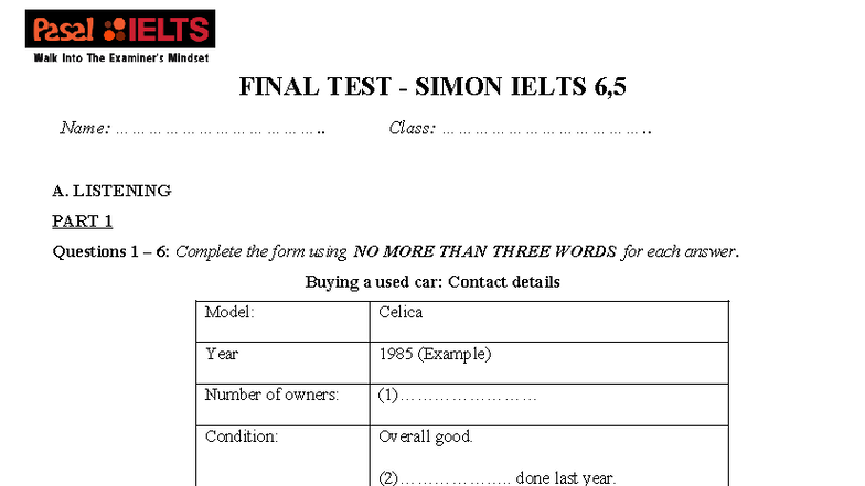 Final-TEST-S65 - Quandnkxnd - FINAL TEST - SIMON IELTS 6, Name: - Studocu