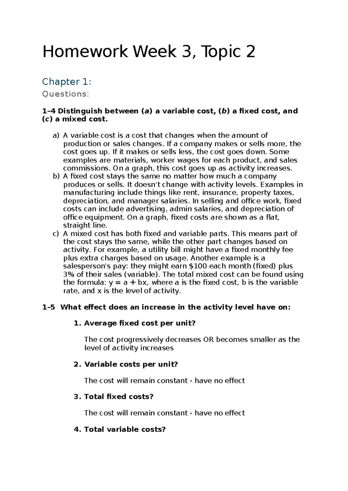 T2 Homework Week 3: Understanding Variable, Fixed, and Mixed Costs - Studocu